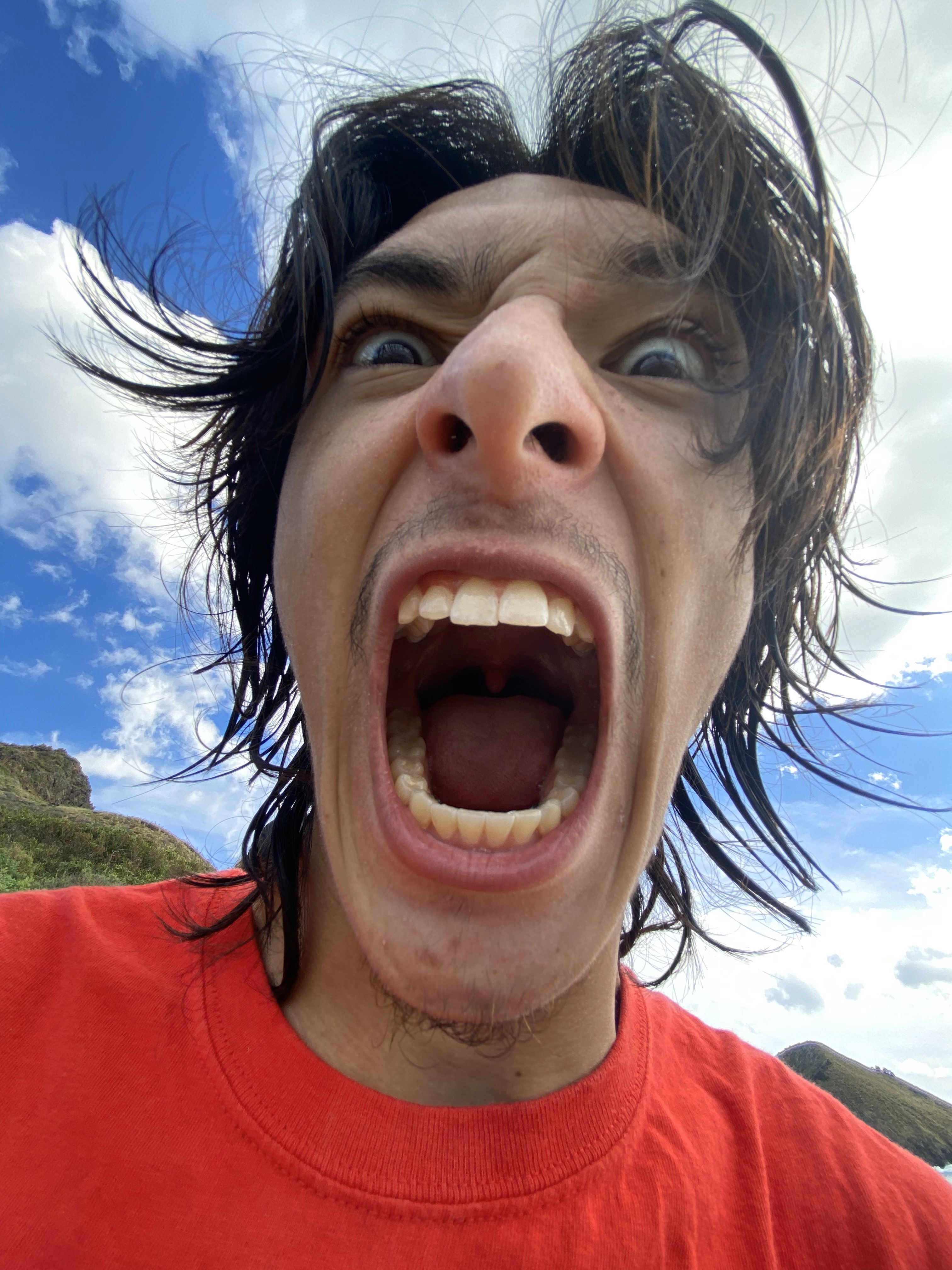 Handsome man screaming at viewer.